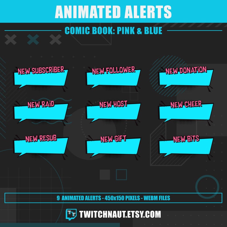 Animated Pink & Blue Comic Twitch Overlay Package Animated Twitch ...