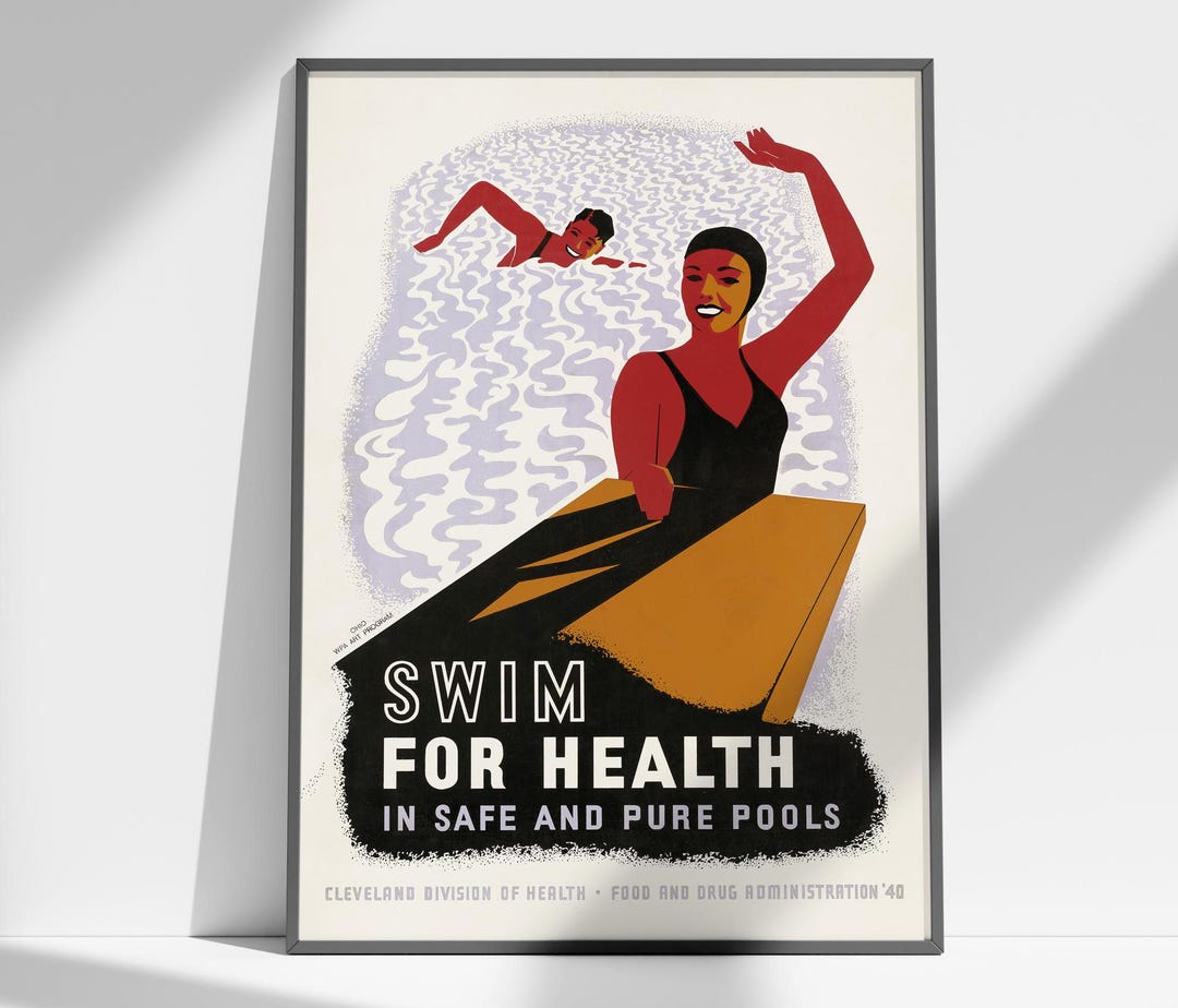Swimming Print Vintage Poster, 1940s Public Health Poster, Swim for ...