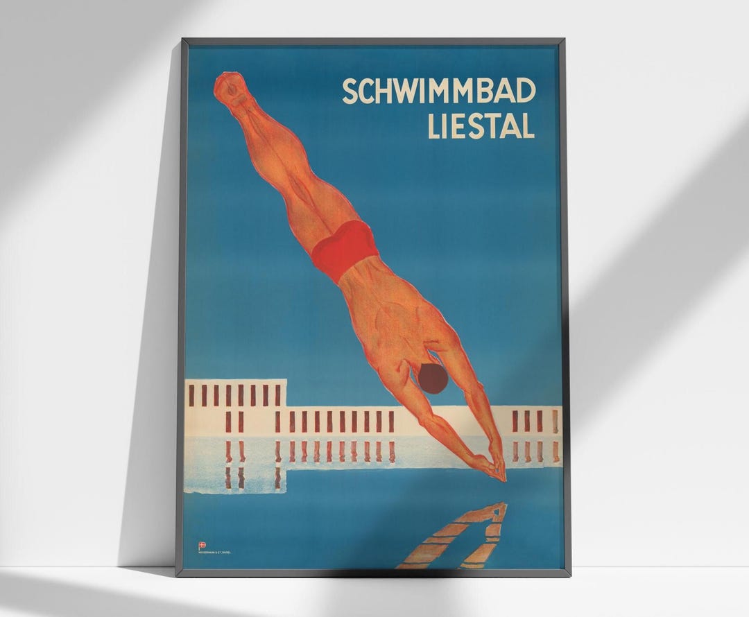 1930s Art Deco Diving Poster for Liestal Swimming Pool in Switzerland ...