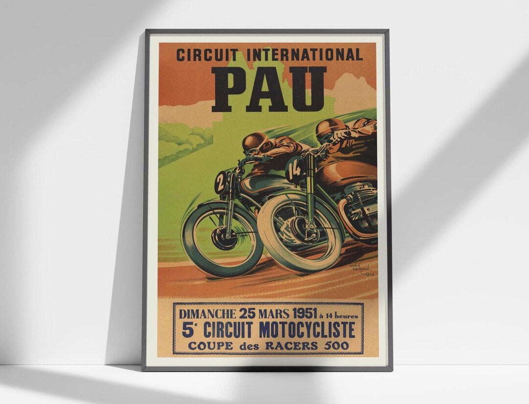 Vintage Pau International Circuit Motorbike Racing Print, 1951 French ...