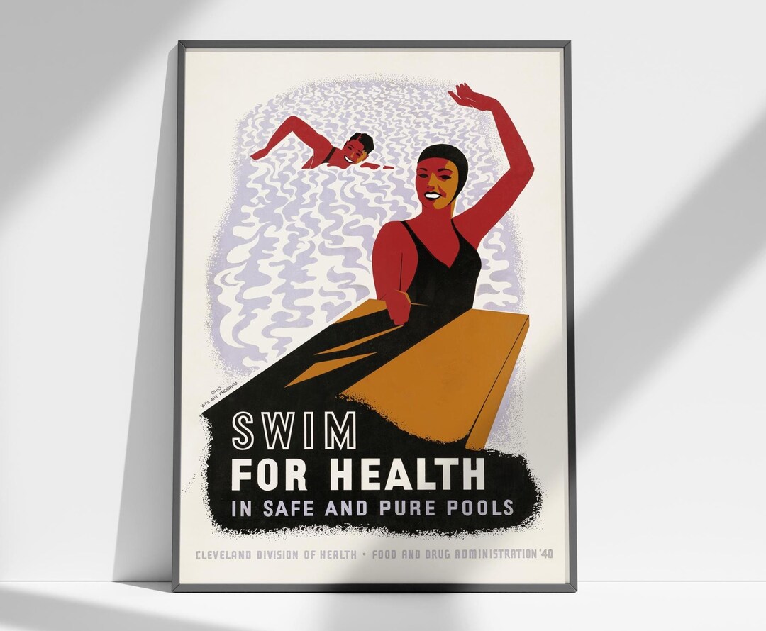 Retro Swimming Print, 1940s Swim for Health Swimming Pool Poster for ...