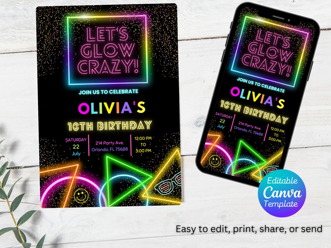 Editable Glow Party Birthday Invitation Glow Party Invite Glow Party ...
