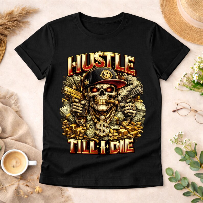 Hustle Till I Die Shirt PNG | Money Skull T-shirt Design | Hustle ...
