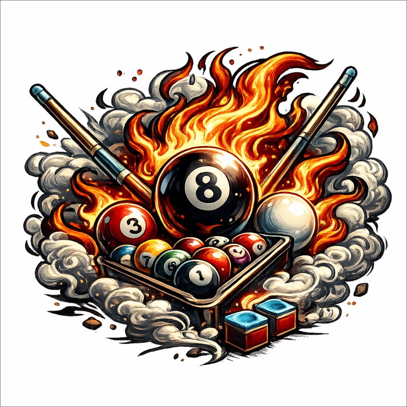 8 Ball Pool PNG | Billiards Fire Design | Pool Player T-shirt Graphic ...