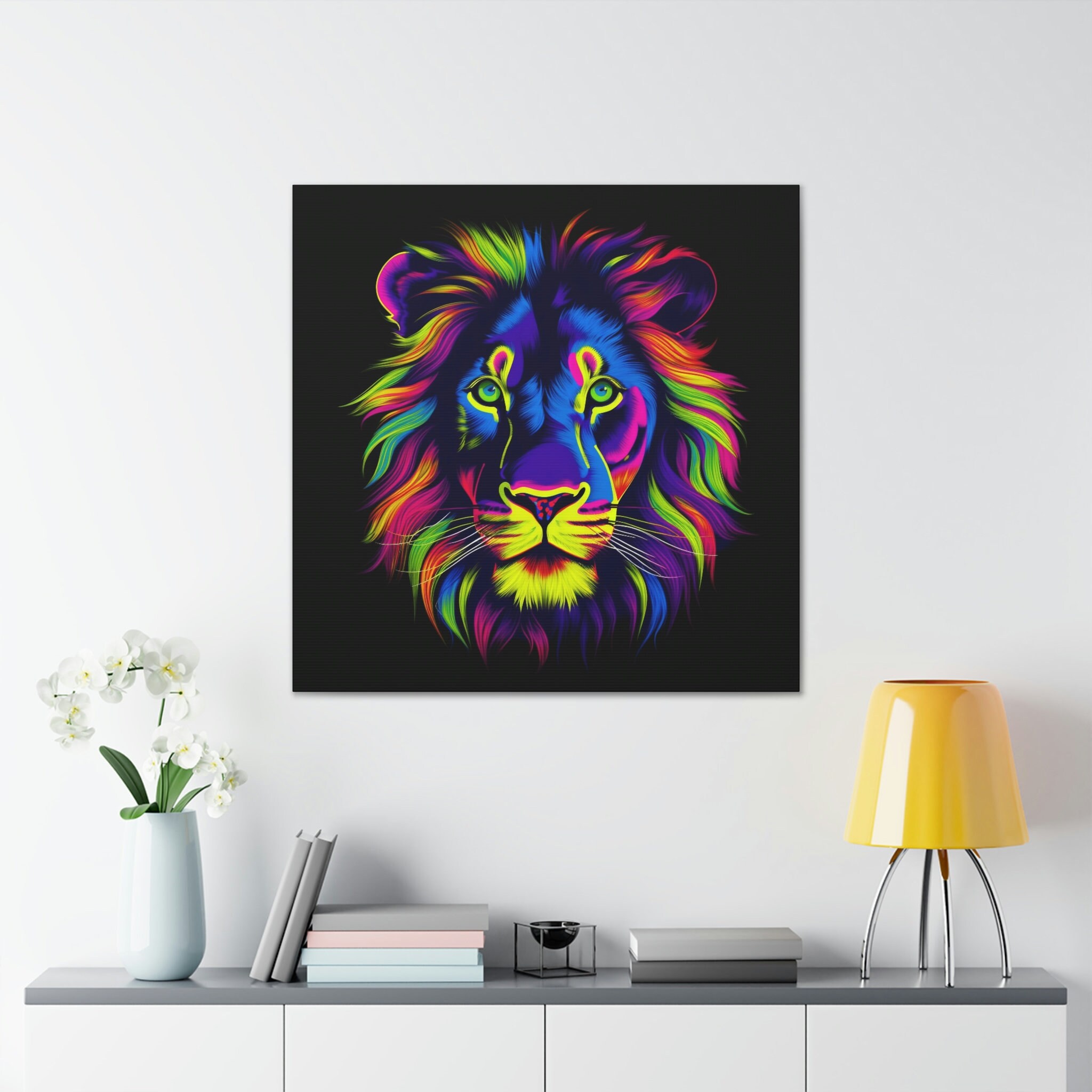 Colorful Neon Lion Painting on Canvas, Cat Wall Art, Lion Poster Wall ...