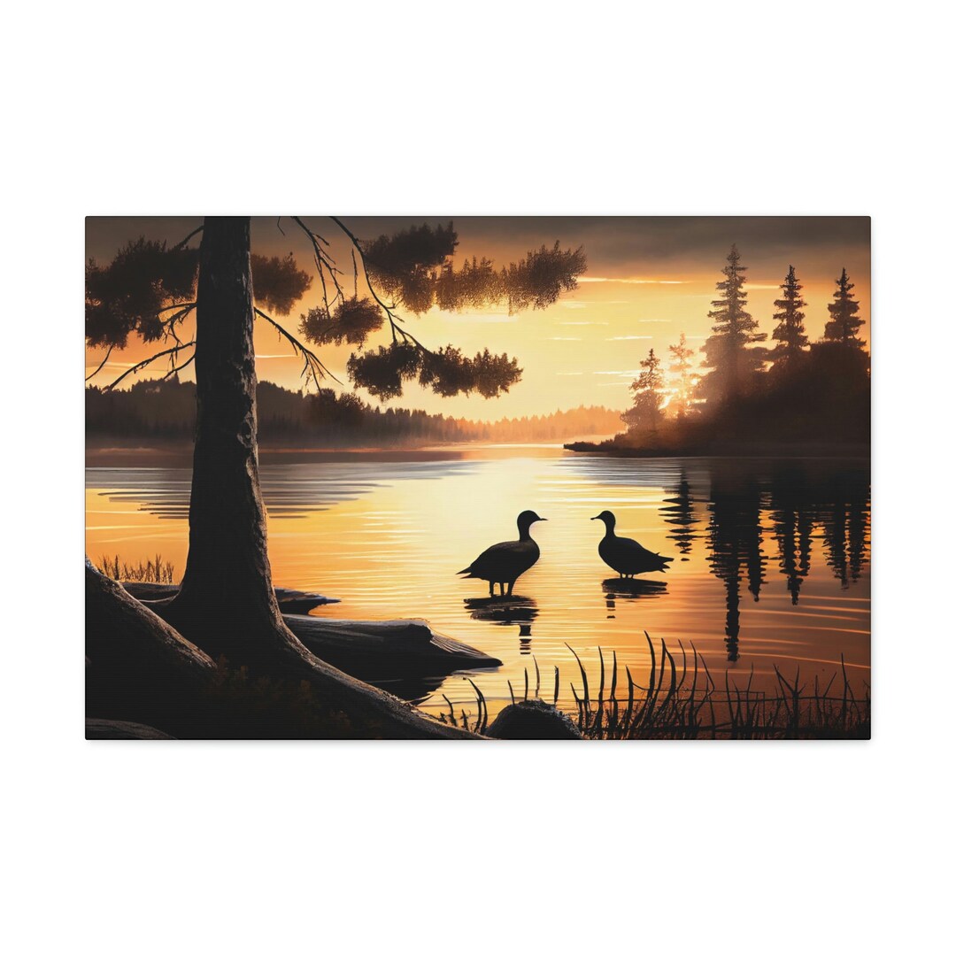 Sunset Lake Canvas Painting Print, Sunset Lake Wall Art, Sunset Lake ...