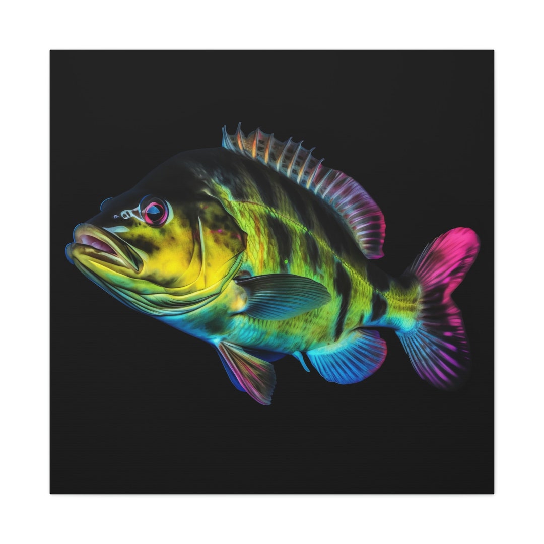 Colorful Neon Bass Painting on Canvas, Fish Wall Art, Bass Poster Wall ...