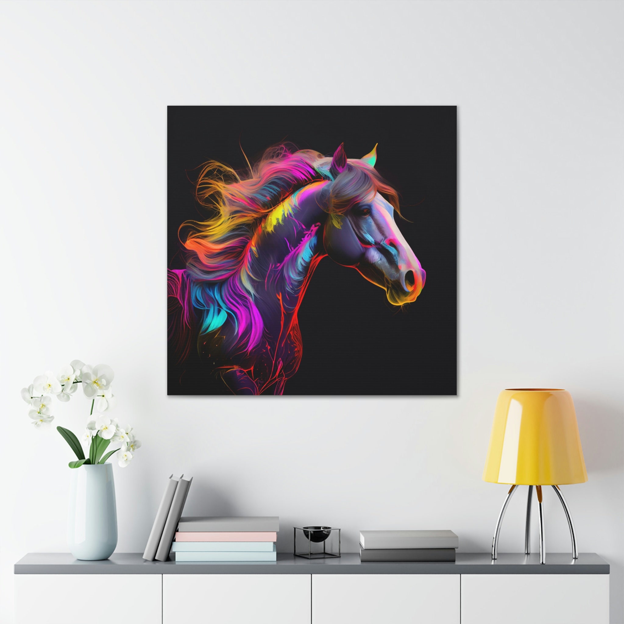 Abstract Neon Stallion Painting on Canvas, Colorful Stallion Wall Art ...