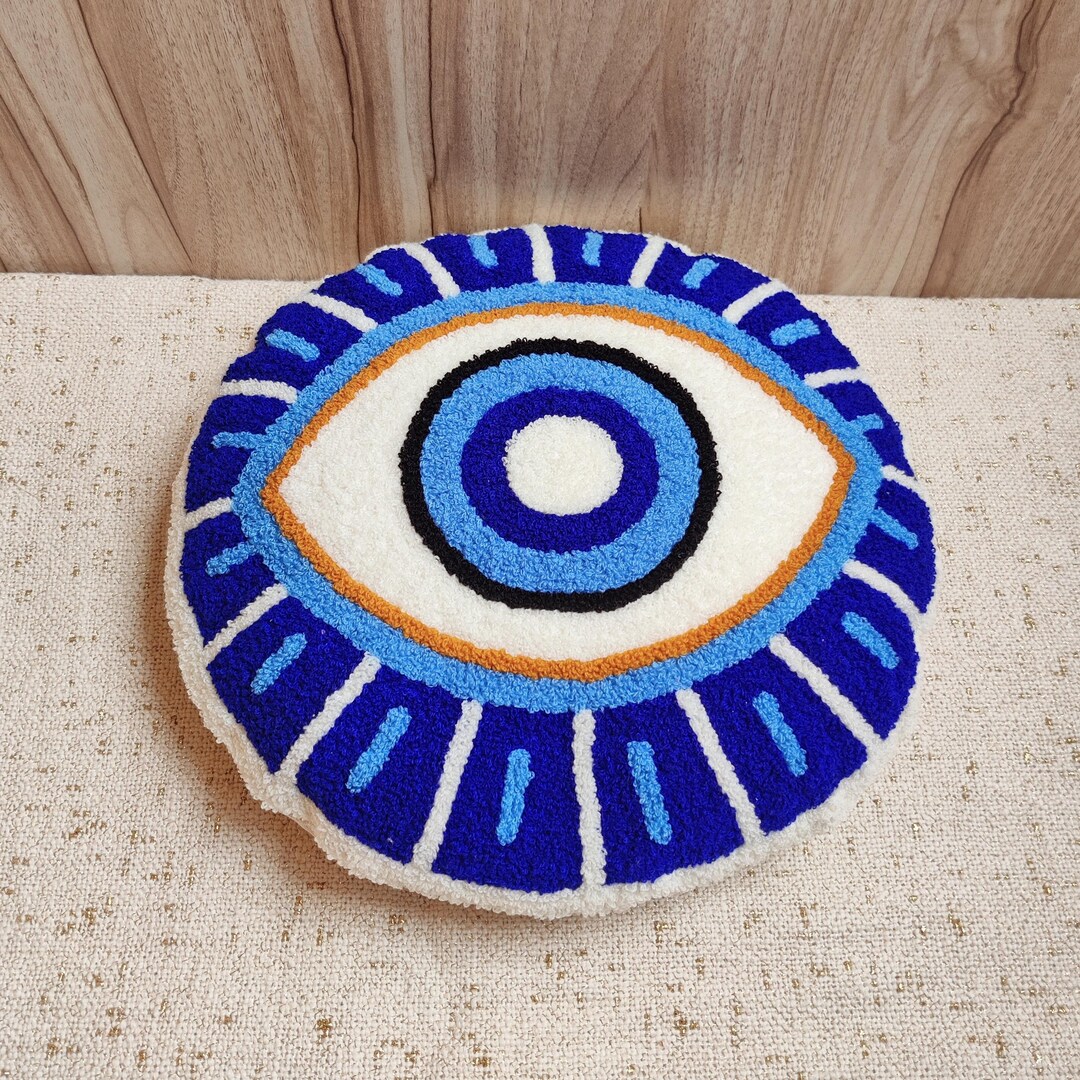 Evil Eye Round Pillow, Blue Embroidered Textured Boho Decorative Throw ...