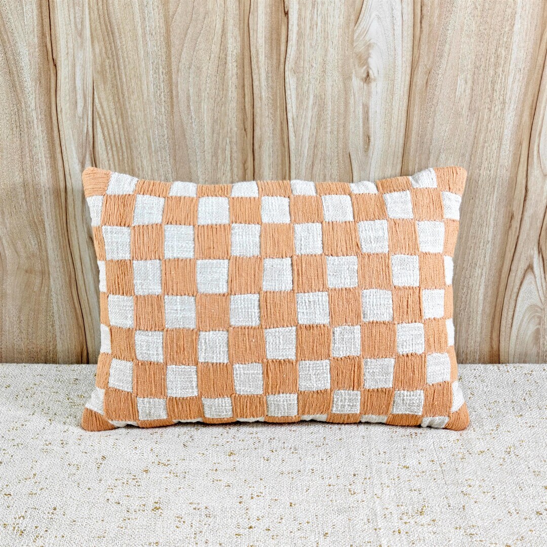 Blush Pink Checkered Pillow Cover, Embroidered Textured Cushion Cover ...