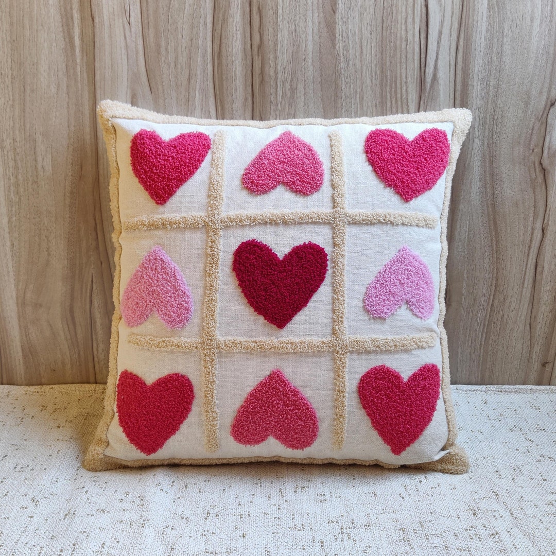 X & O Love Pillows, Pink Hearts Embroidered Textured Boho Decorative ...