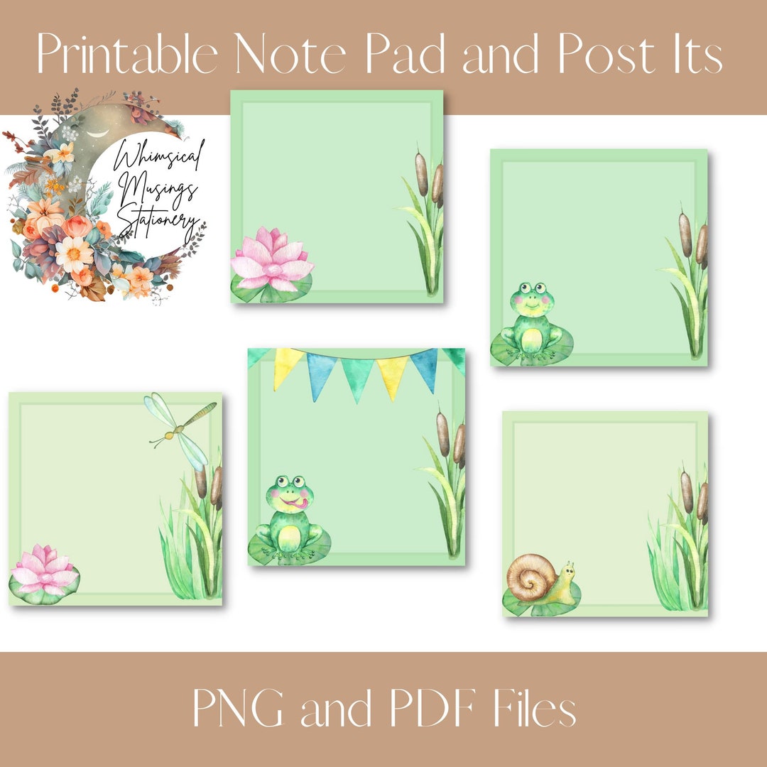 Pond Life Frog Note Pad Paper and Coordinating Post Its, Printable ...