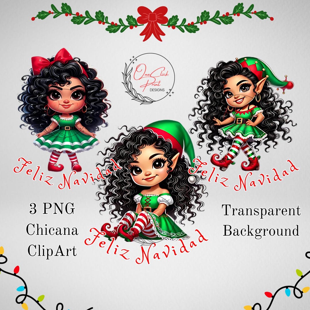 3 Elf Chicana Woman PNG, Feliz Navidad, Spanish SVG, Chibi Woman ...