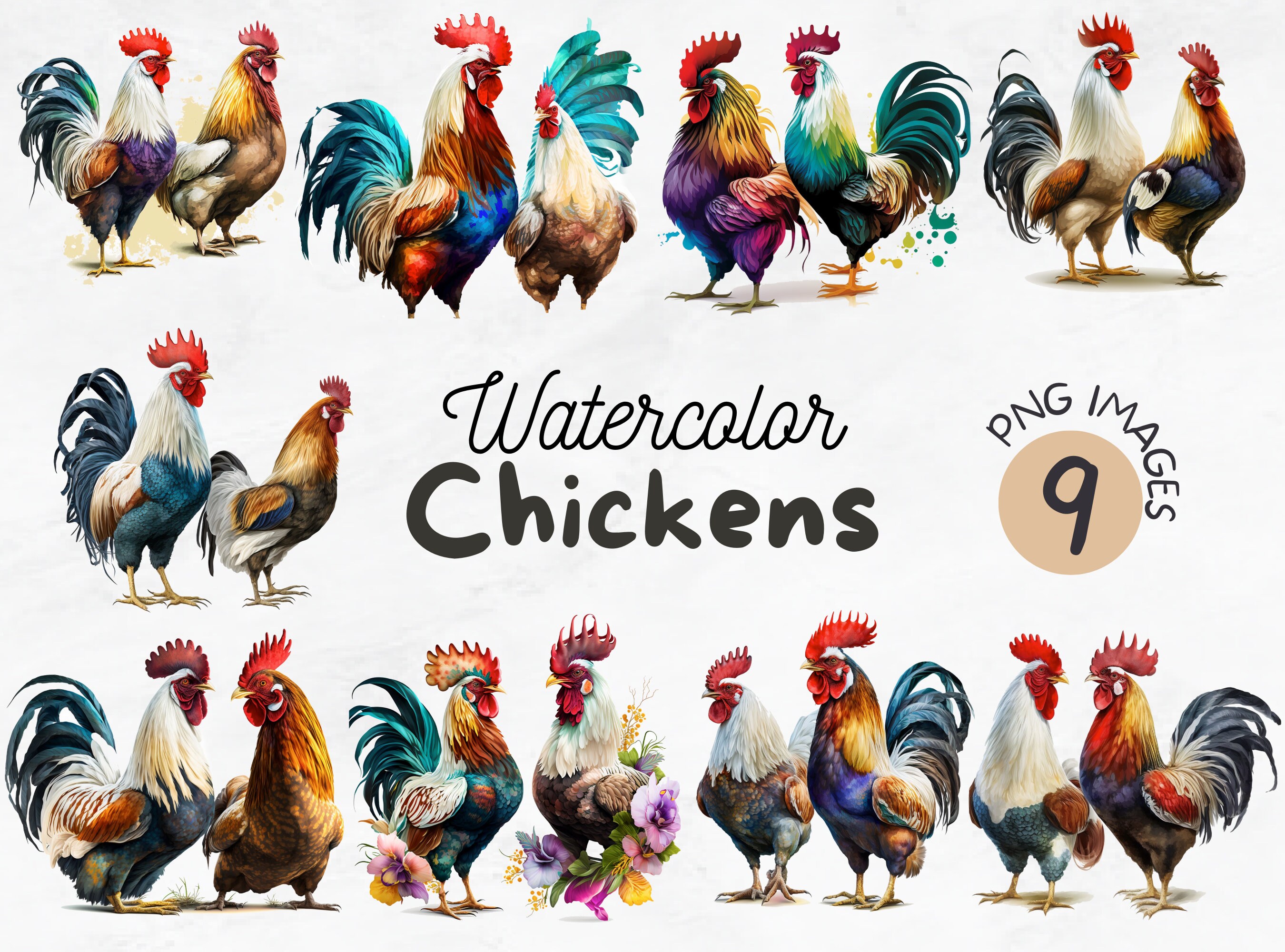 Watercolor Chicken PNG Chicken Clipart Rooster Clipart Farm Animals Png ...