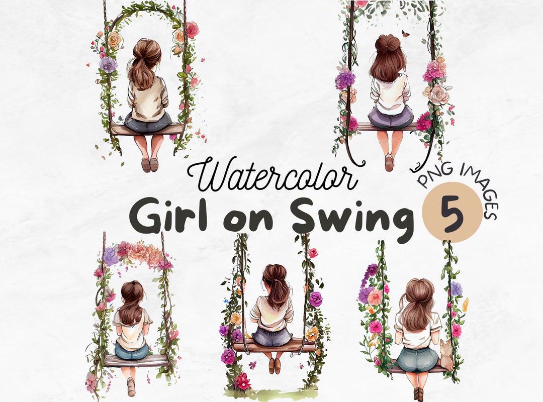 Watercolor Girl on Swing PNG Girl on Swing Clipart Floral Girl Clipart ...
