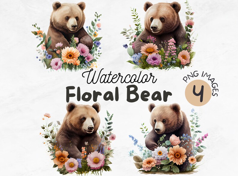 Watercolor Floral Bear PNG Bear Png Grizzly Bear Png Bear Clipart Bear ...