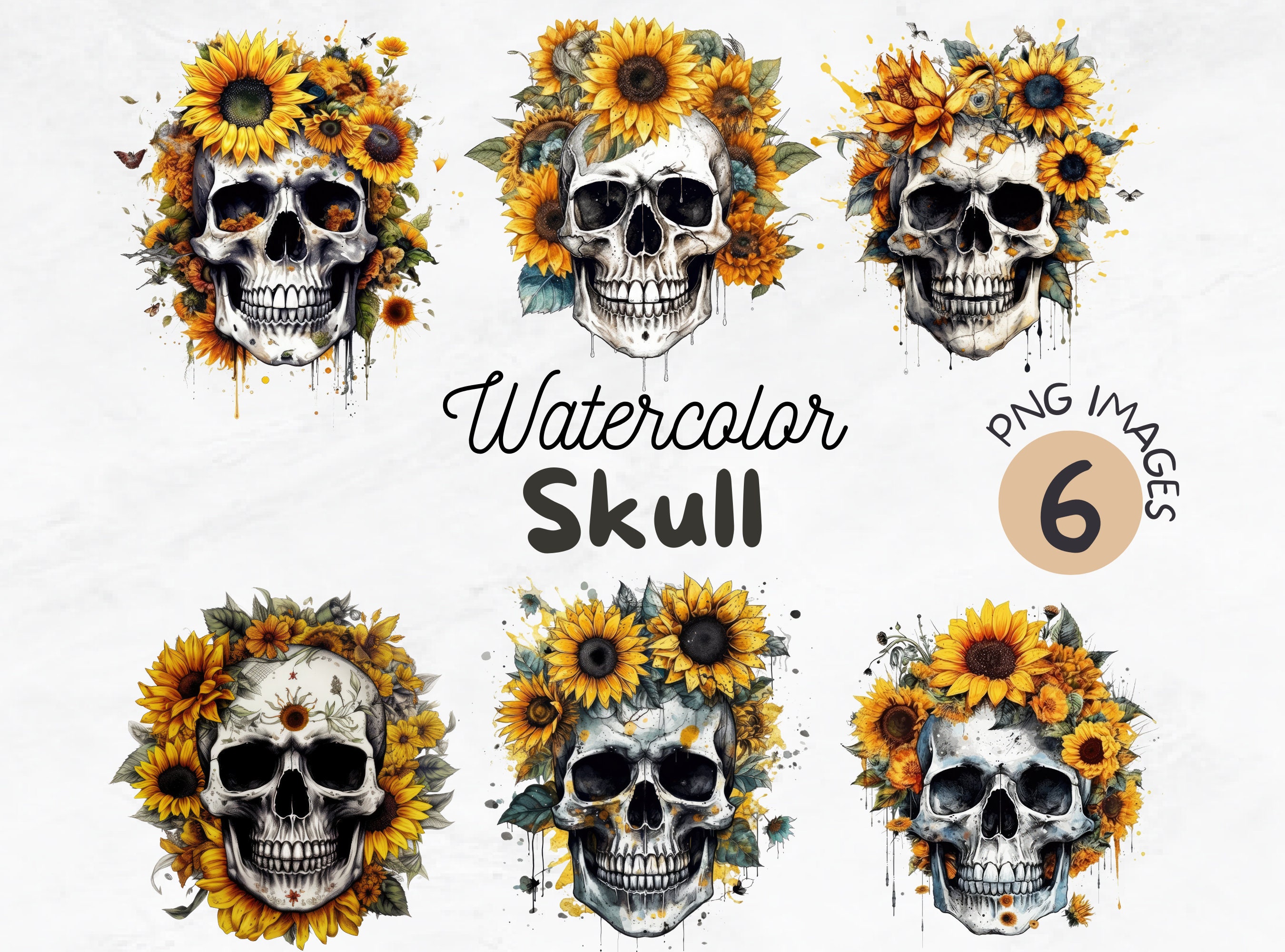 Watercolor Sunflower Skull PNG Skull Clipart Floral Skull - Etsy