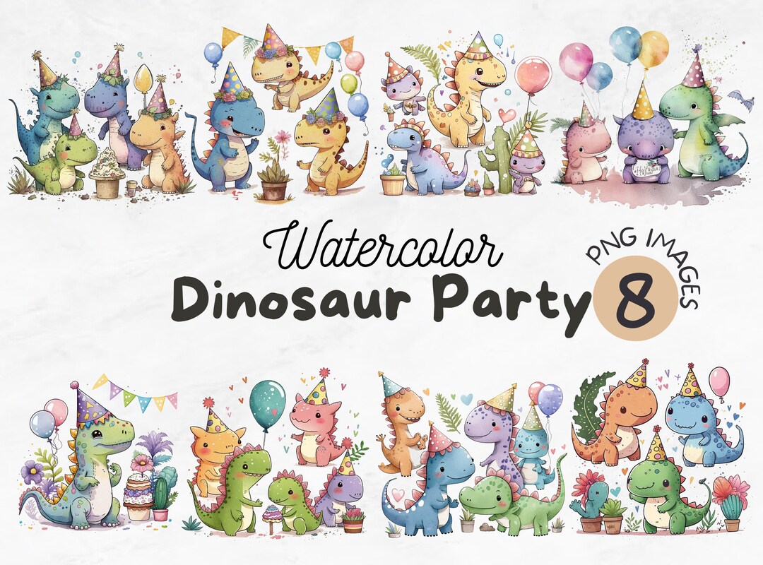 Watercolor Dinosaur Party PNG | Dinosaur Clipart | Dinosaur Sublimation ...