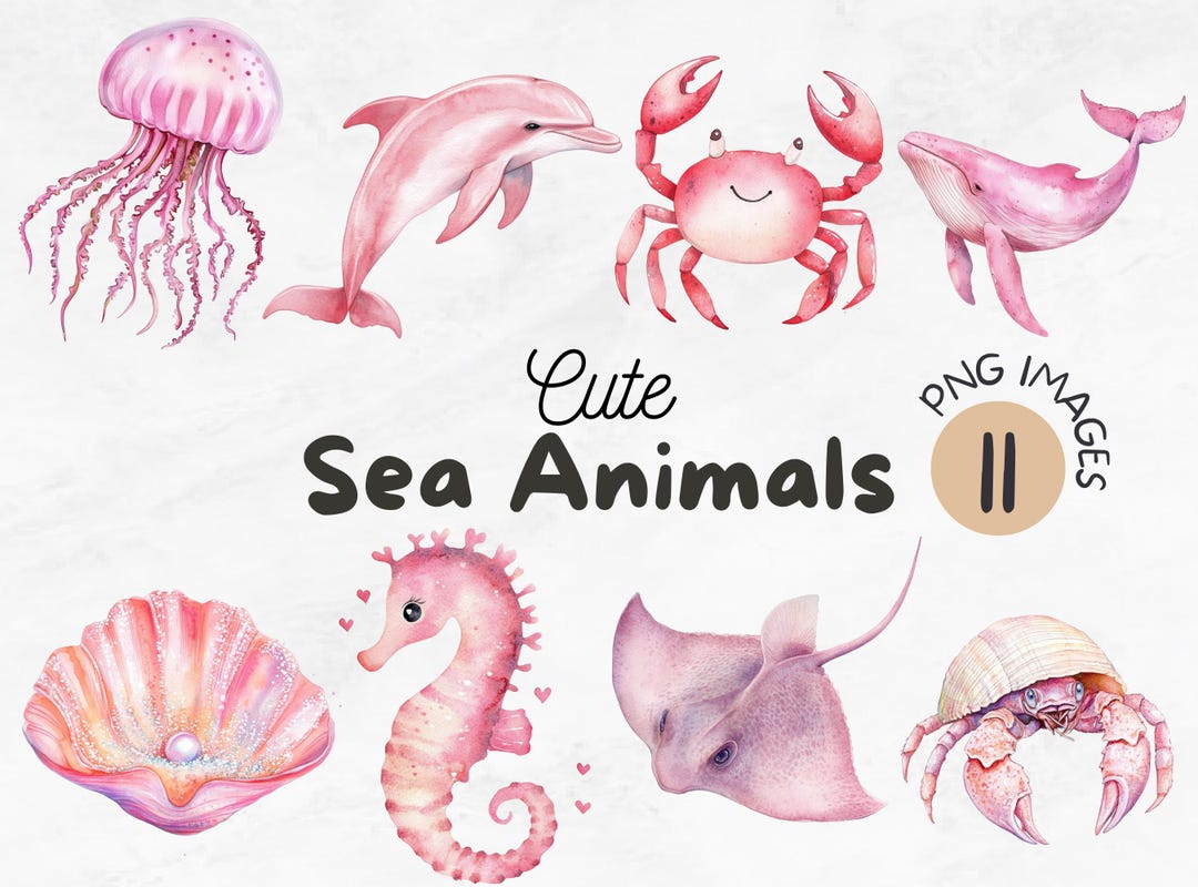 11 Cute Sea Animals Clipart Bundle, Ocean Creatures Clipart Set, Cute ...