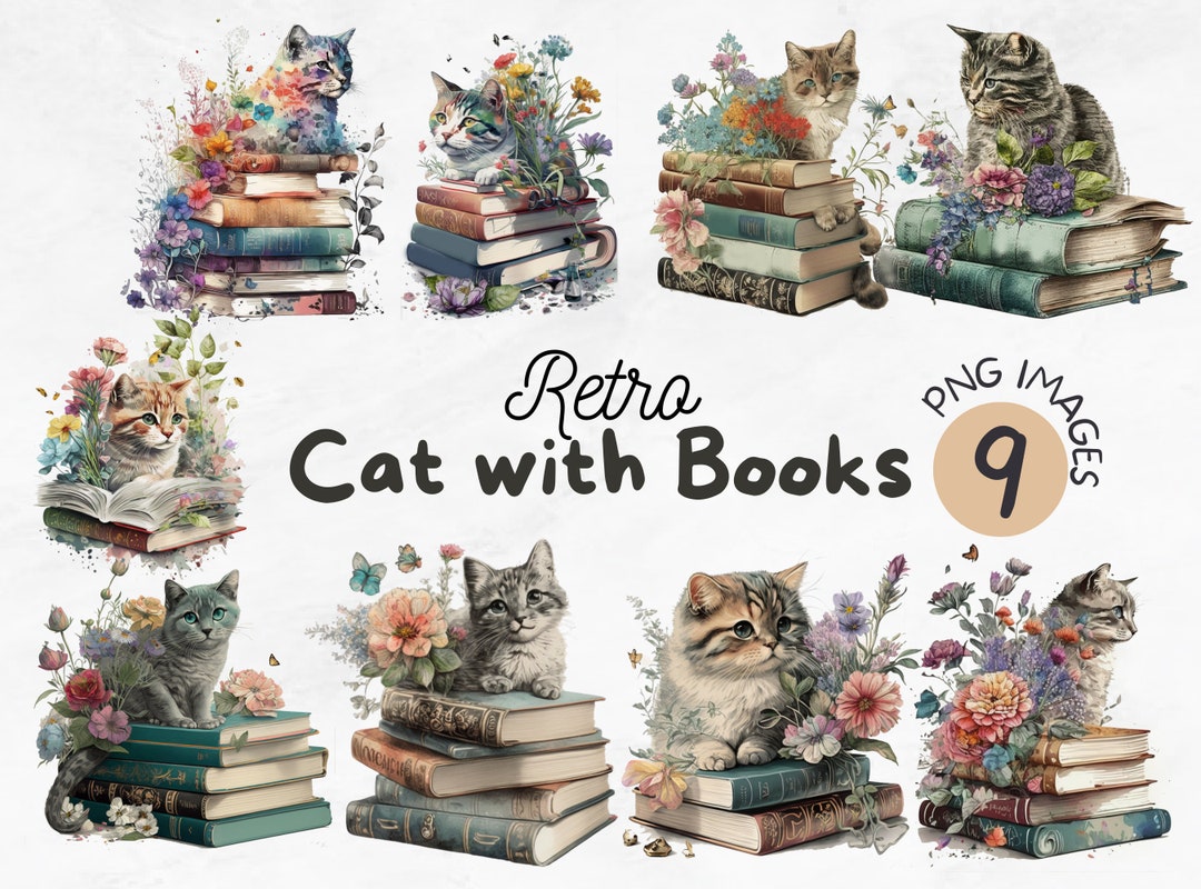 Retro Cat With Books PNG | Cat Clipart | Books Png | Kitten Png | Books ...
