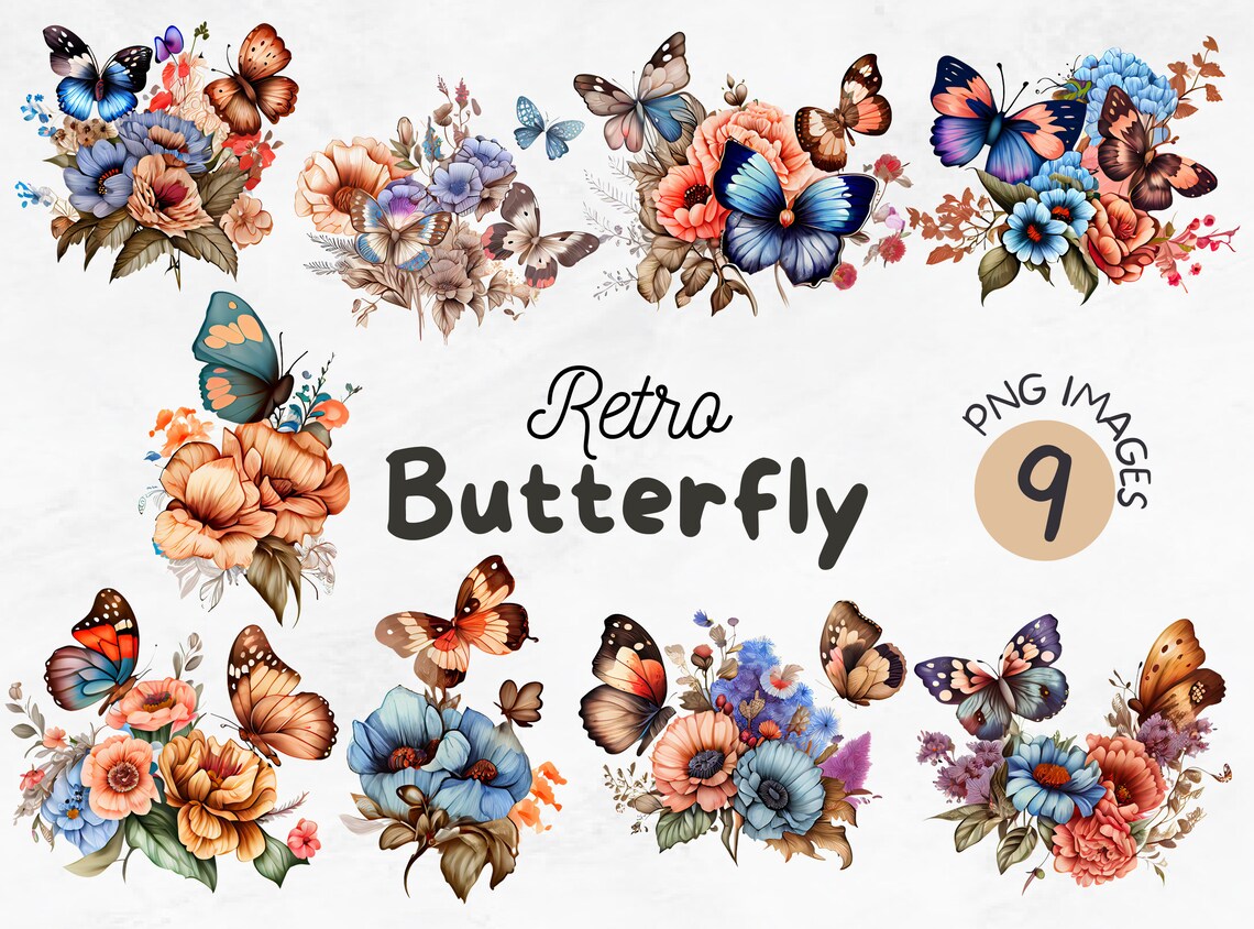 Retro Butterfly PNG Butterfly Clipart Floral Clipart - Etsy