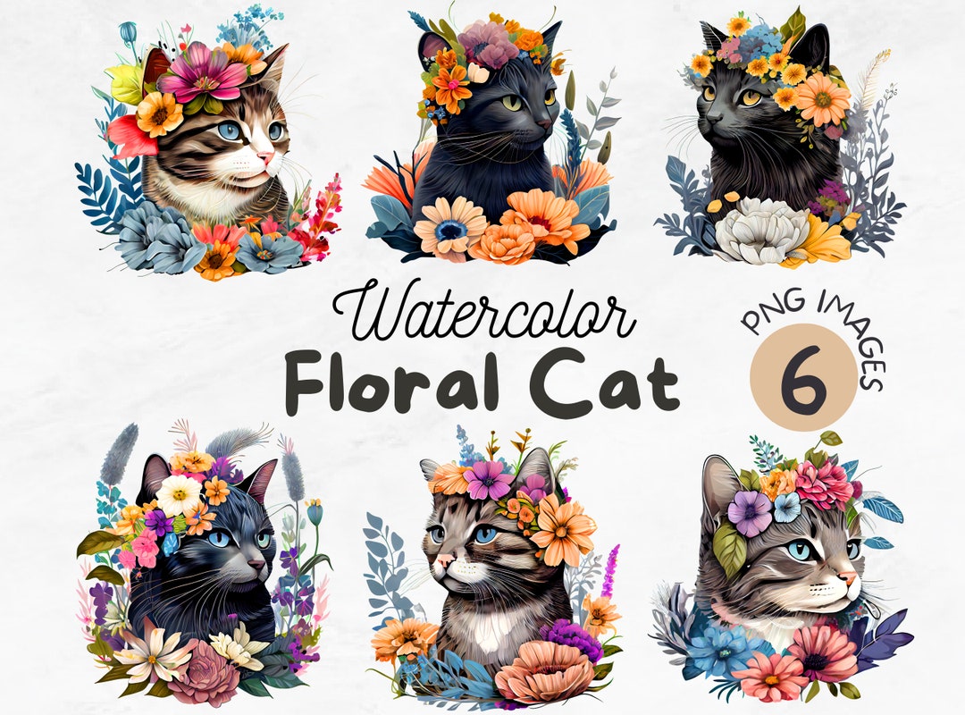 Watercolor Floral Cat PNG | Floral Cat Clipart | Cat Png | Cat Lover ...