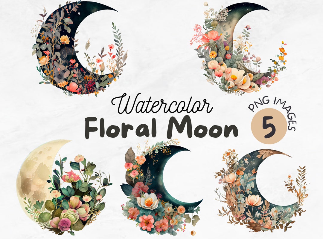 Watercolor Floral Moons PNG | Floral Moon Clipart | Floral Crescent ...