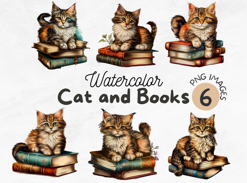 Watercolor Cat and Books PNG Cat Clipart Kitten Clipart Book Lover ...