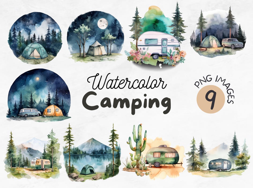 9 Watercolor Camping Clipart Bundle, Outdoor Adventure Clipart Set ...