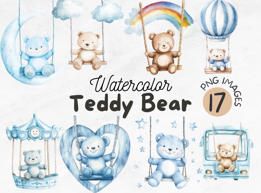17 Watercolor Teddy Bear Clipart Bundle, Plush Animal Clipart Set, Cute ...