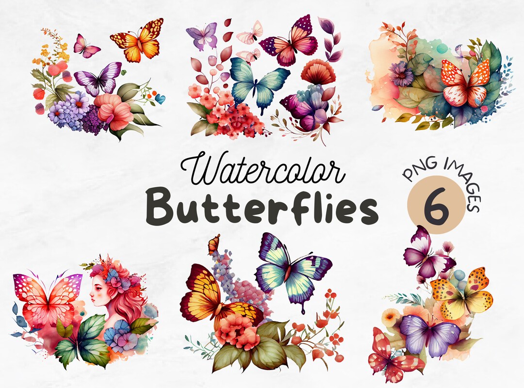 Watercolor Retro Butterflies PNG Butterfly Clipart Floral Clipart ...