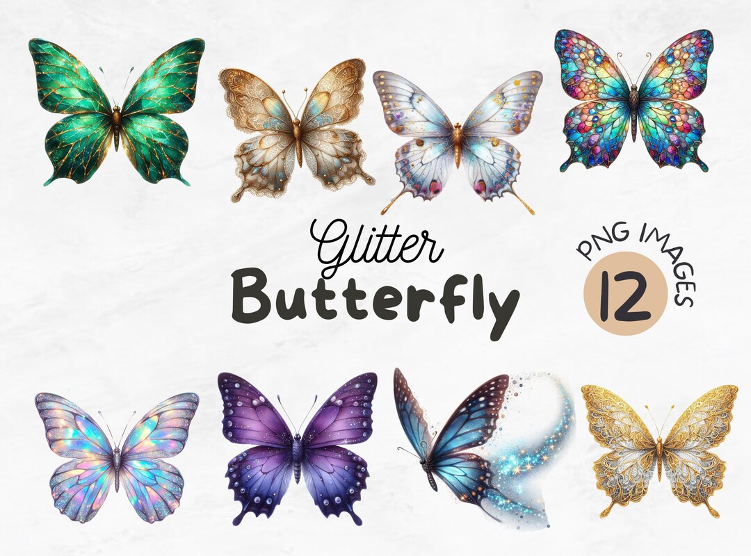12 Glitter Butterfly Clipart Bundle, Sparkly Insect Clipart Set, Cute ...
