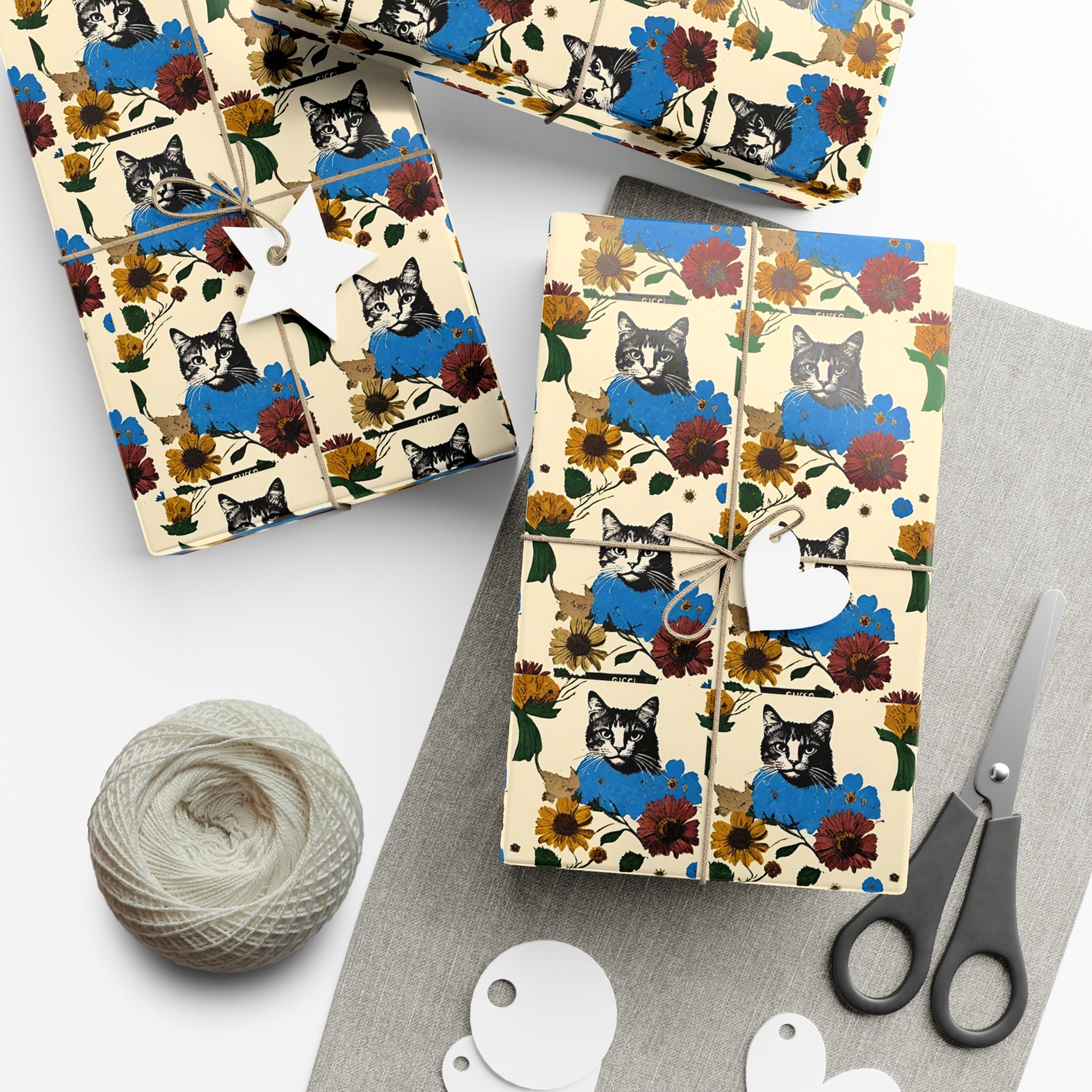 Vintage Look Tabby Cat and Flowers Wrapping Paper, Aged Look Tabby Cat ...
