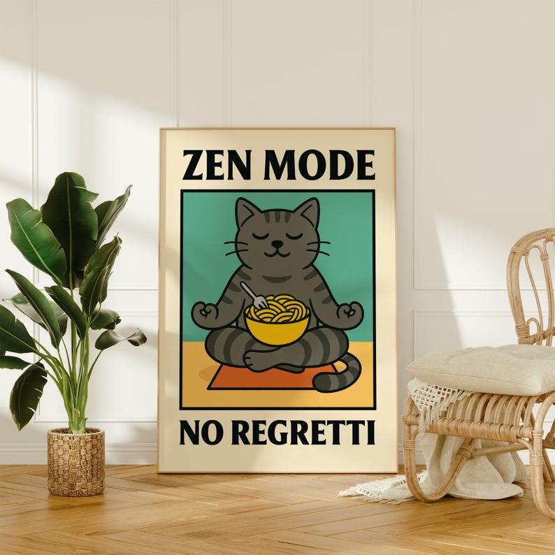 Zen Cat "no Regretti" Pasta Print – Funny Kitchen Wall Art - Etsy