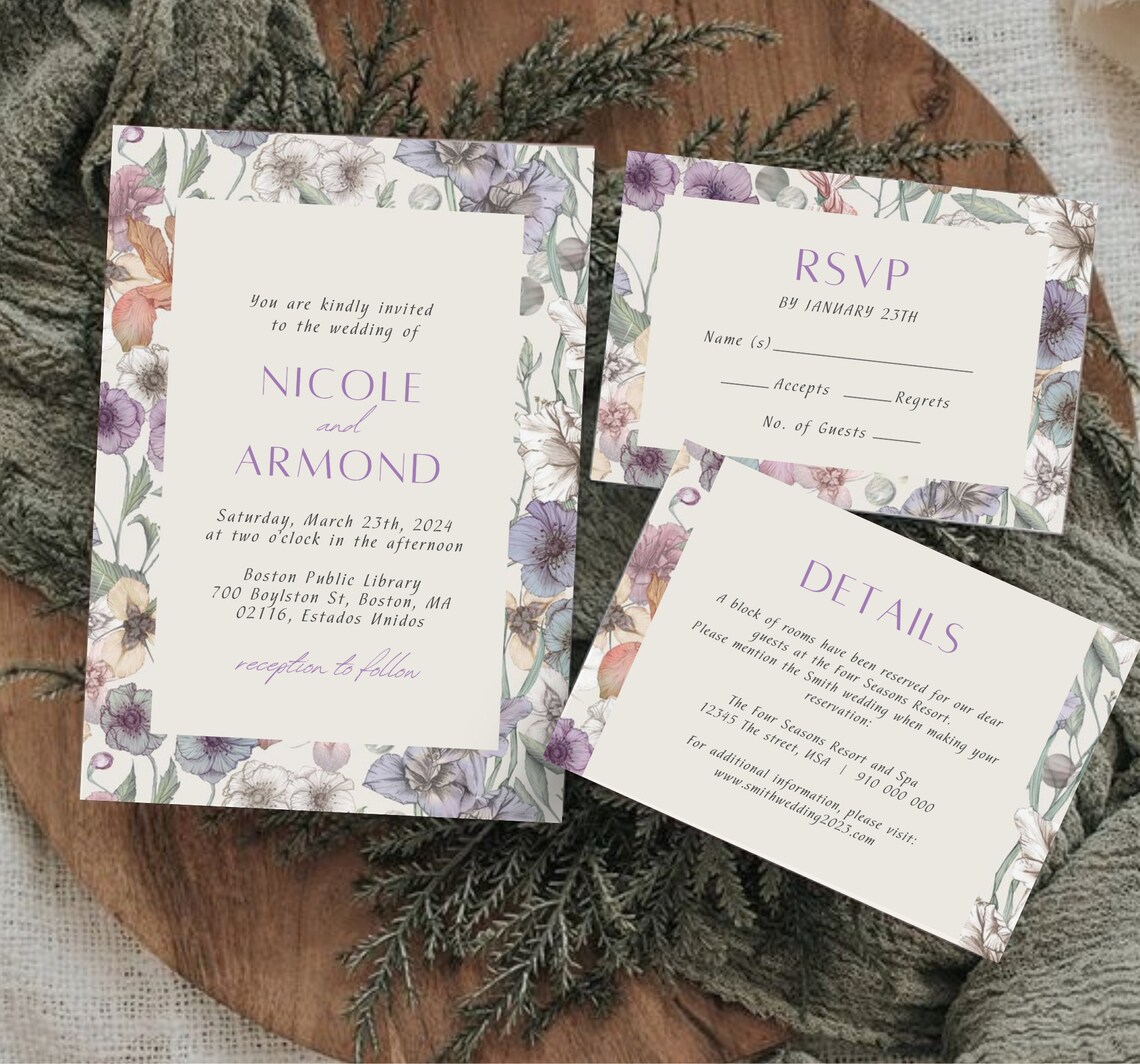 Botanic Wedding Invitation Art Deco Wedding Invitation Flower Wedding ...