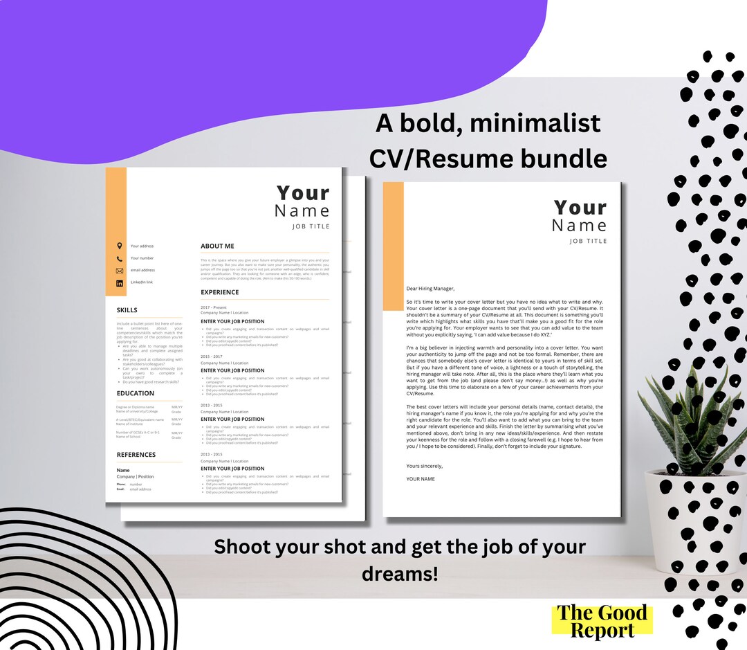 Two Page Resume Template pastel Orange, Minimalist CV Template, Clean ...