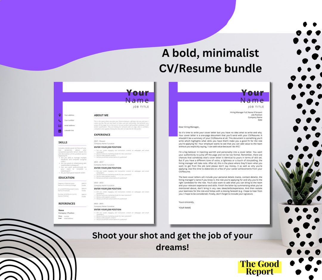 Purple Strip Clean Resume Template, Minimalist CV Template, Creative CV ...