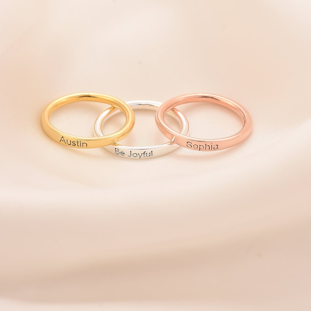 14K Gold Custom Engraved Ring, Stackable Name Ring, Dainty Name Ring ...