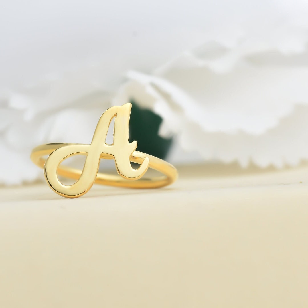 Personalized Initial Ring, Dainty Cursive Letter Ring, Tiny Initial ...