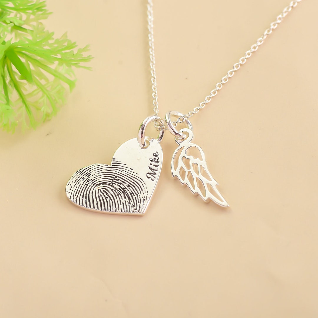 Custom Fingerprint Heart Necklace: Sterling Silver Memorial Wings - Etsy