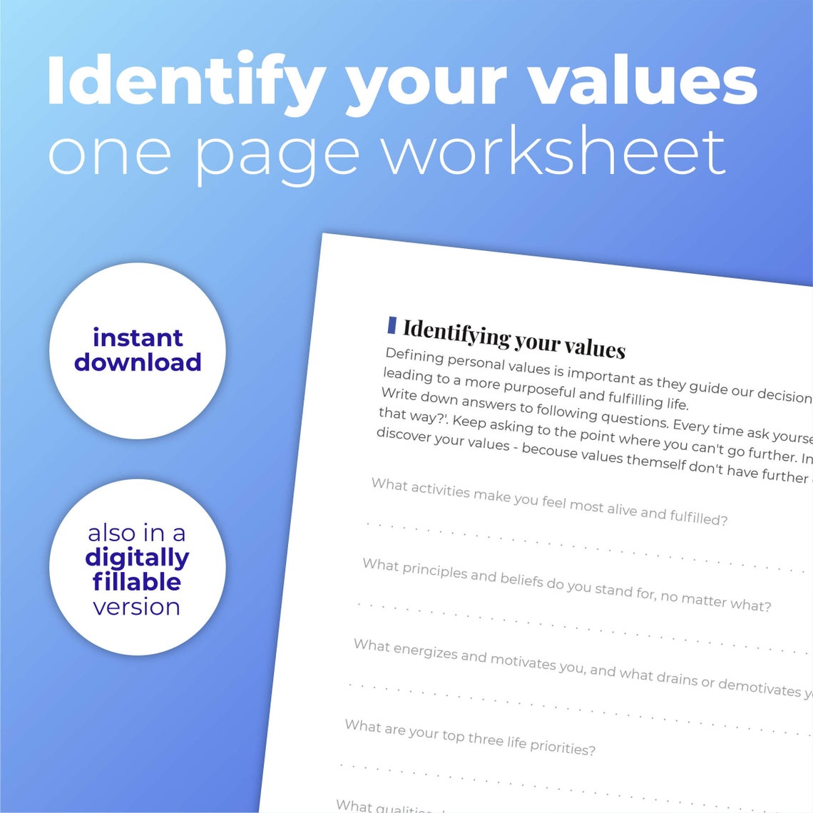 Discover Your Core Values: Personal Values Worksheet Instant - Etsy