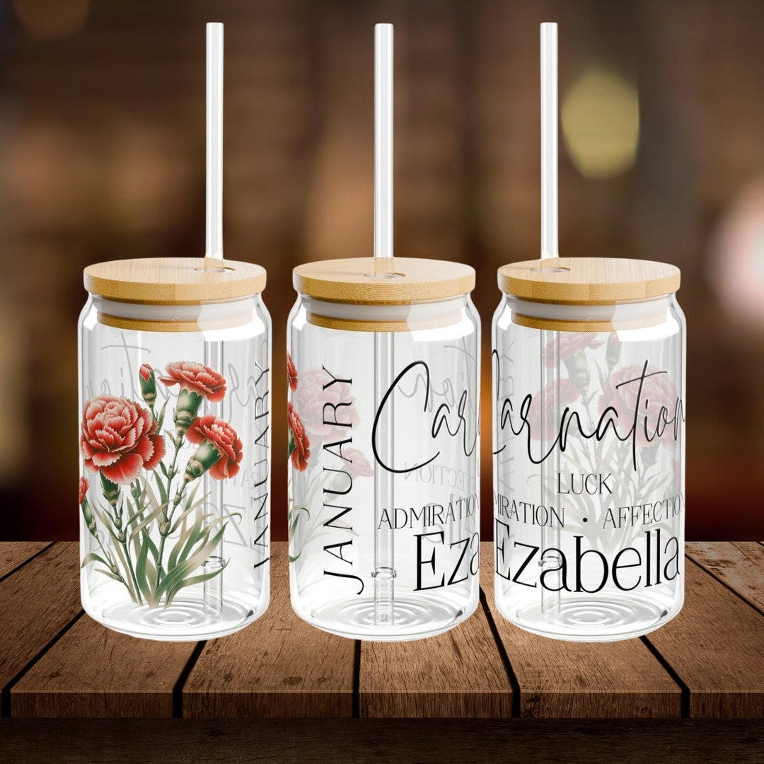 Personalized Birth Month Flower Sipper Glass, Tumbler With Name Month ...