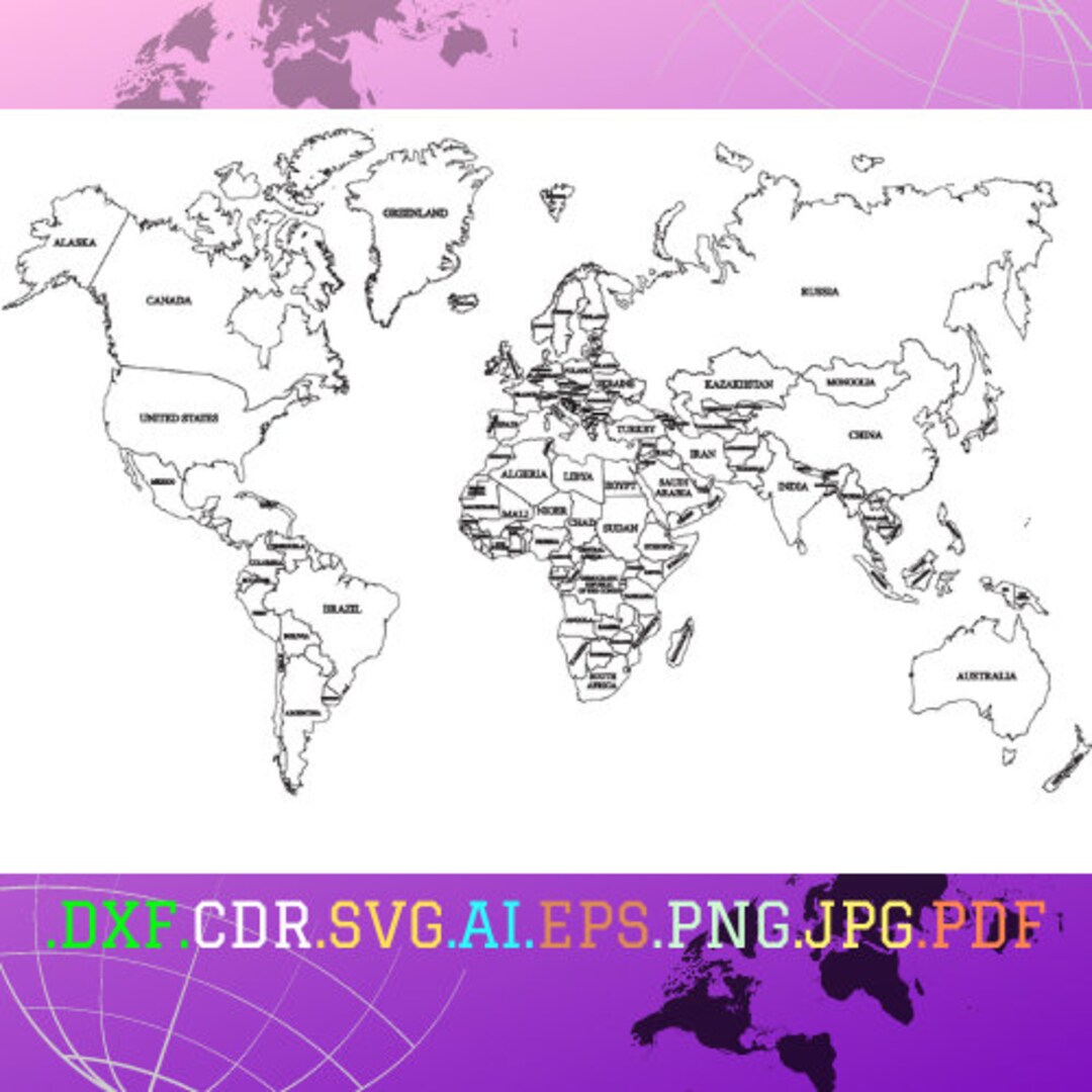 World Map , Digital Download, Black Map, Digital File, World Map Vector ...