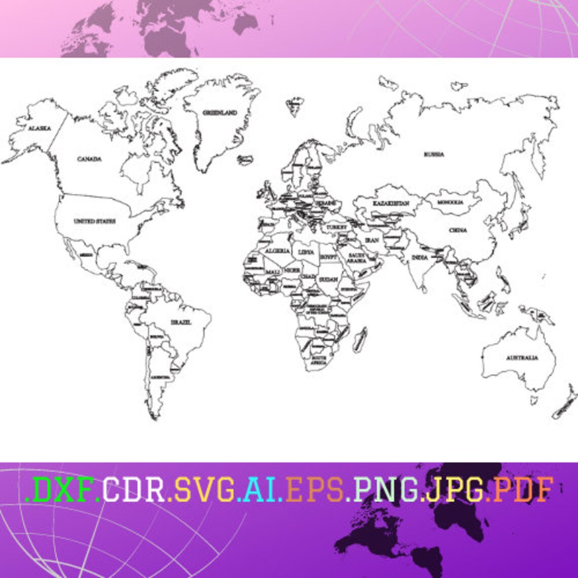 World Map , Digital Download, Black Map, Digital File, World Map Vector ...