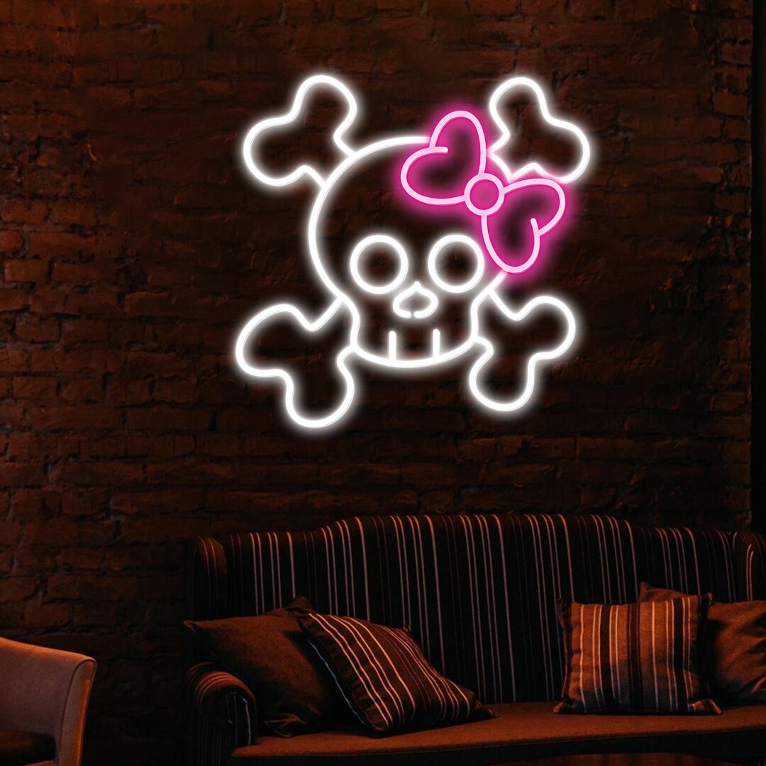 Pink Bowknot Skull Neon Signs, Spooky Skull Neon Sign, Funny Halloween ...