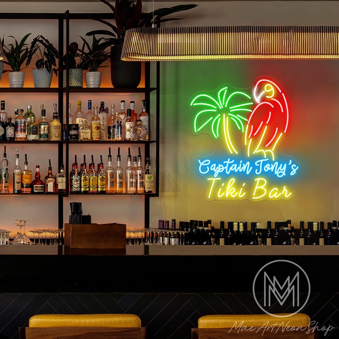 Custom Tiki Bar Sign, Bar Name Neon Sign, Parrot Palm Decor, Palmtree ...