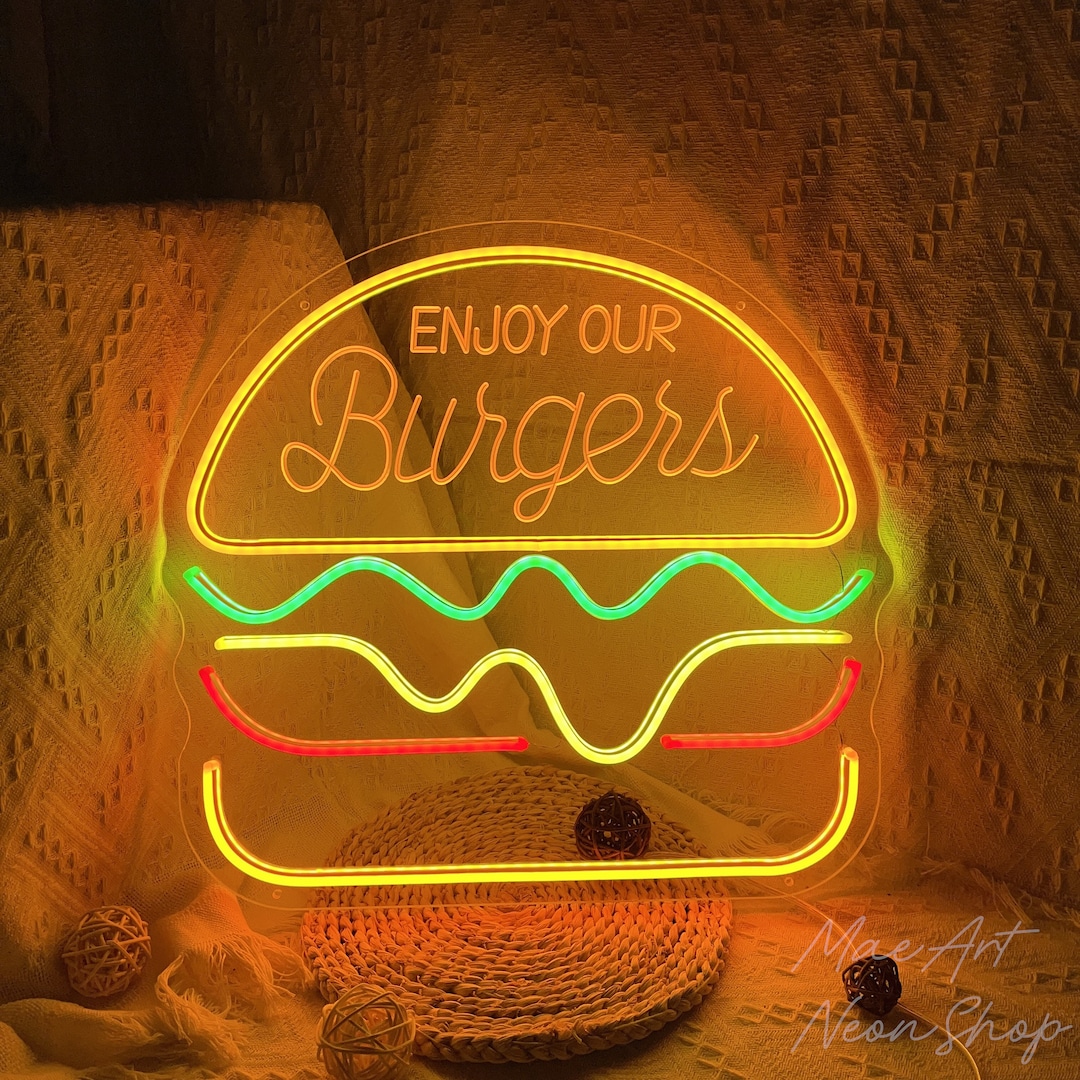 Burger Neon Sign, Burger Bar Sign, Business Sign, USB Led Light up Sign ...