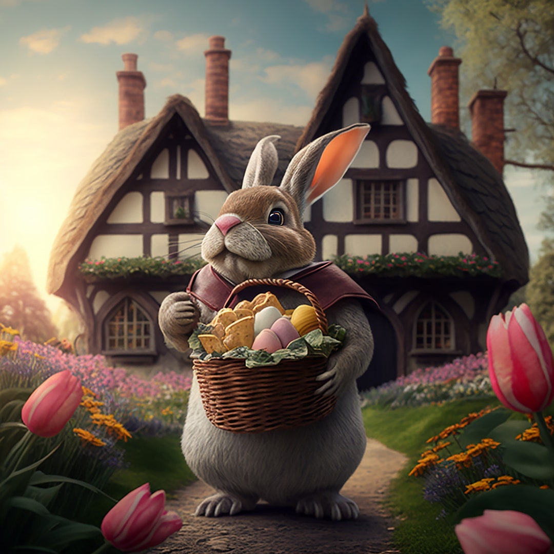 Surreal Easter Bunny in Front of Cottage Digital Backdrop, Children ...