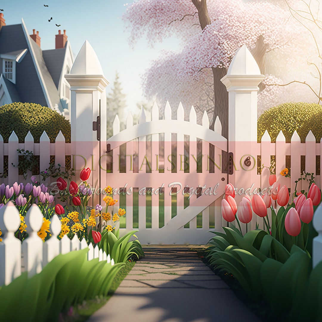 Spring White Picket Fence Digital Backdrop for Digital Download, Studio ...