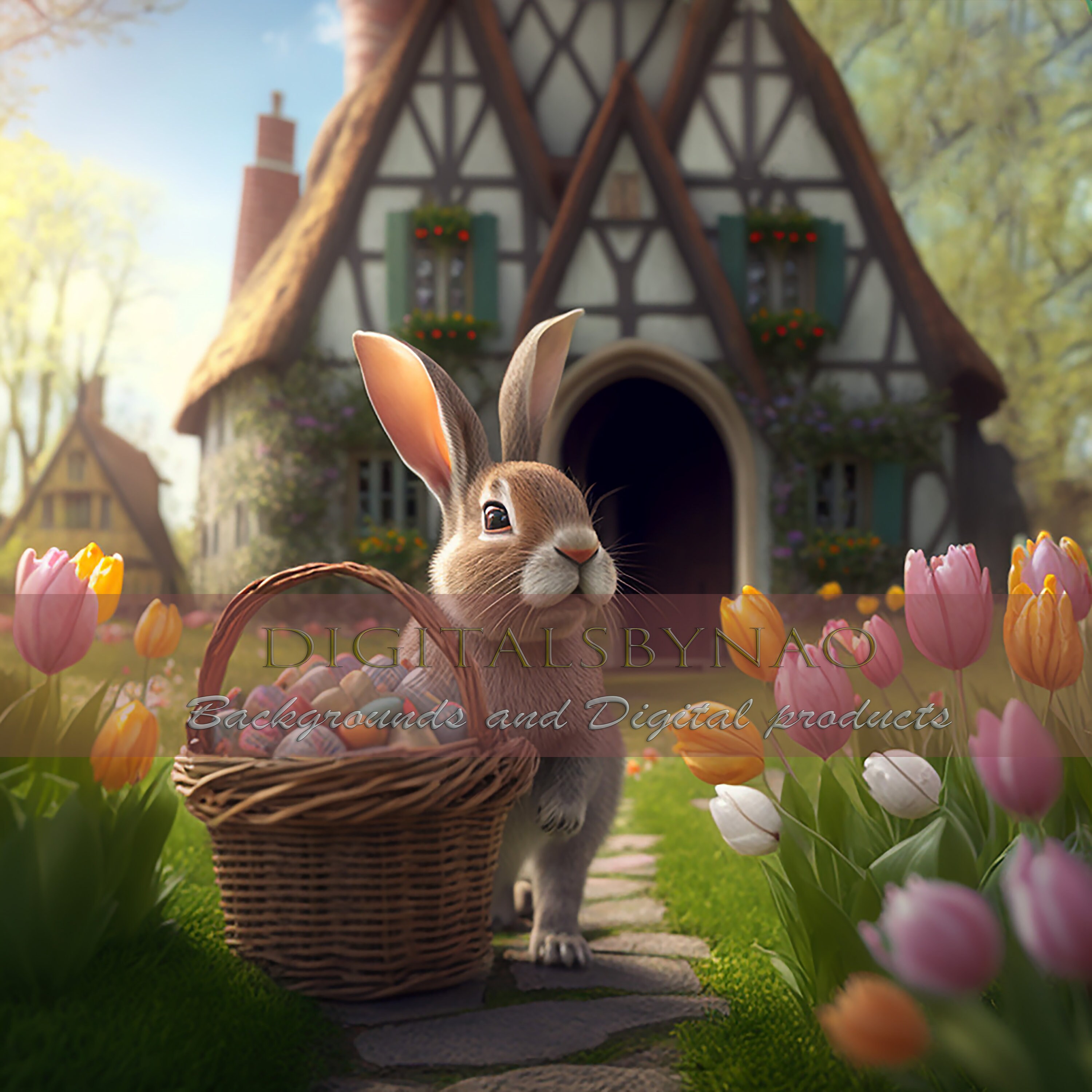 Adorable Easter Bunny in Front of Cottage Digital Backdrop, Children ...